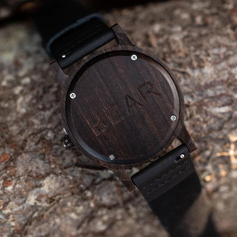 - The Leather Mob PANDA BEAR Men's Wood & Leather Watch with Black Strap