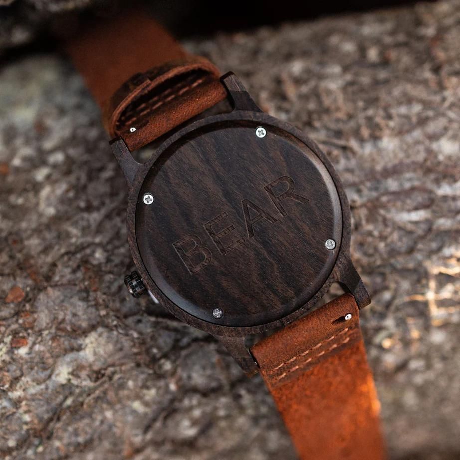PANDA BEAR Men's Wood & Leather Watch with Brown Strap - The Leather Mob