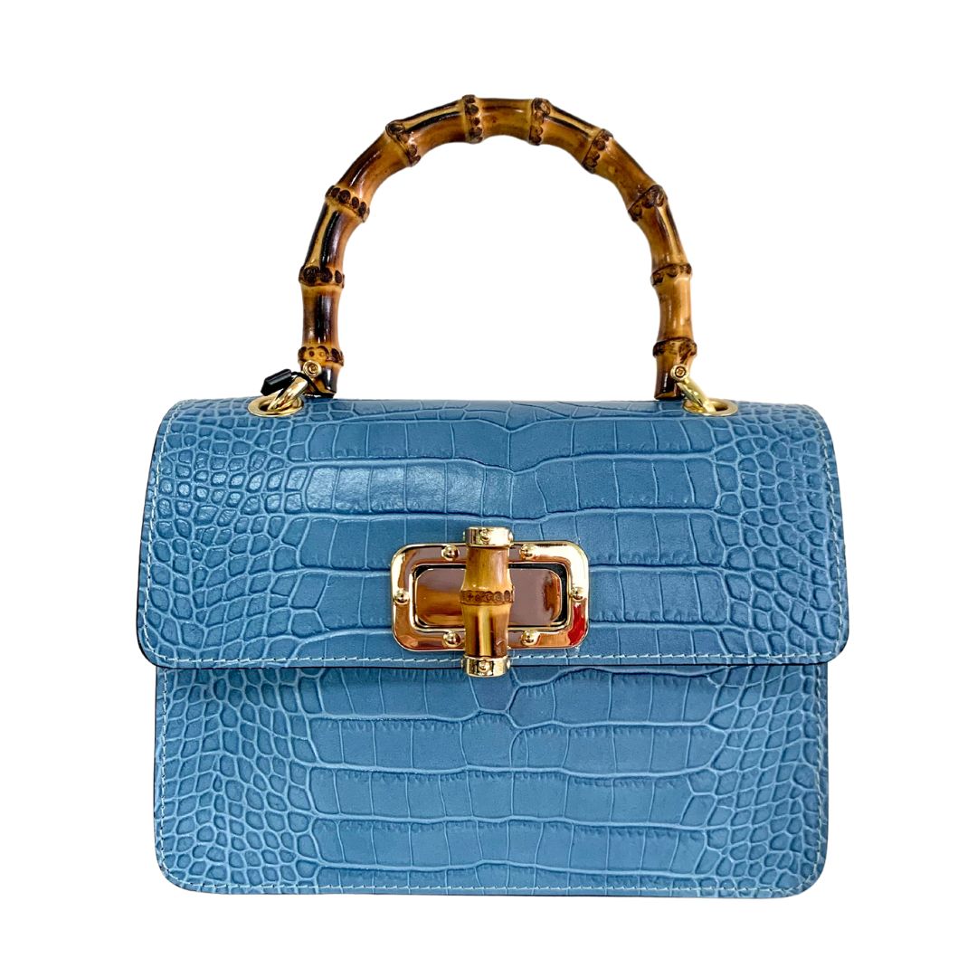 LOS ANGELES Croc Effect Leather Handbag with Bamboo Handles | Sky - The ...