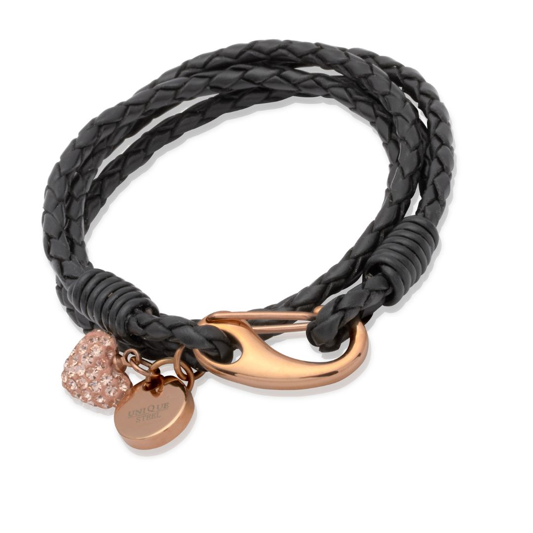 Unique & Co Women's Platted Leather Double Bracelet with Rose Gold ...